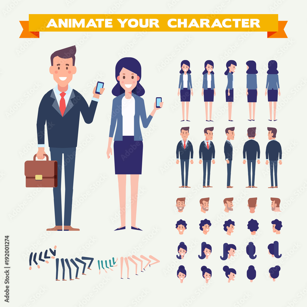 Front, side, back, 3/4 view animated characters.Business people couple ...