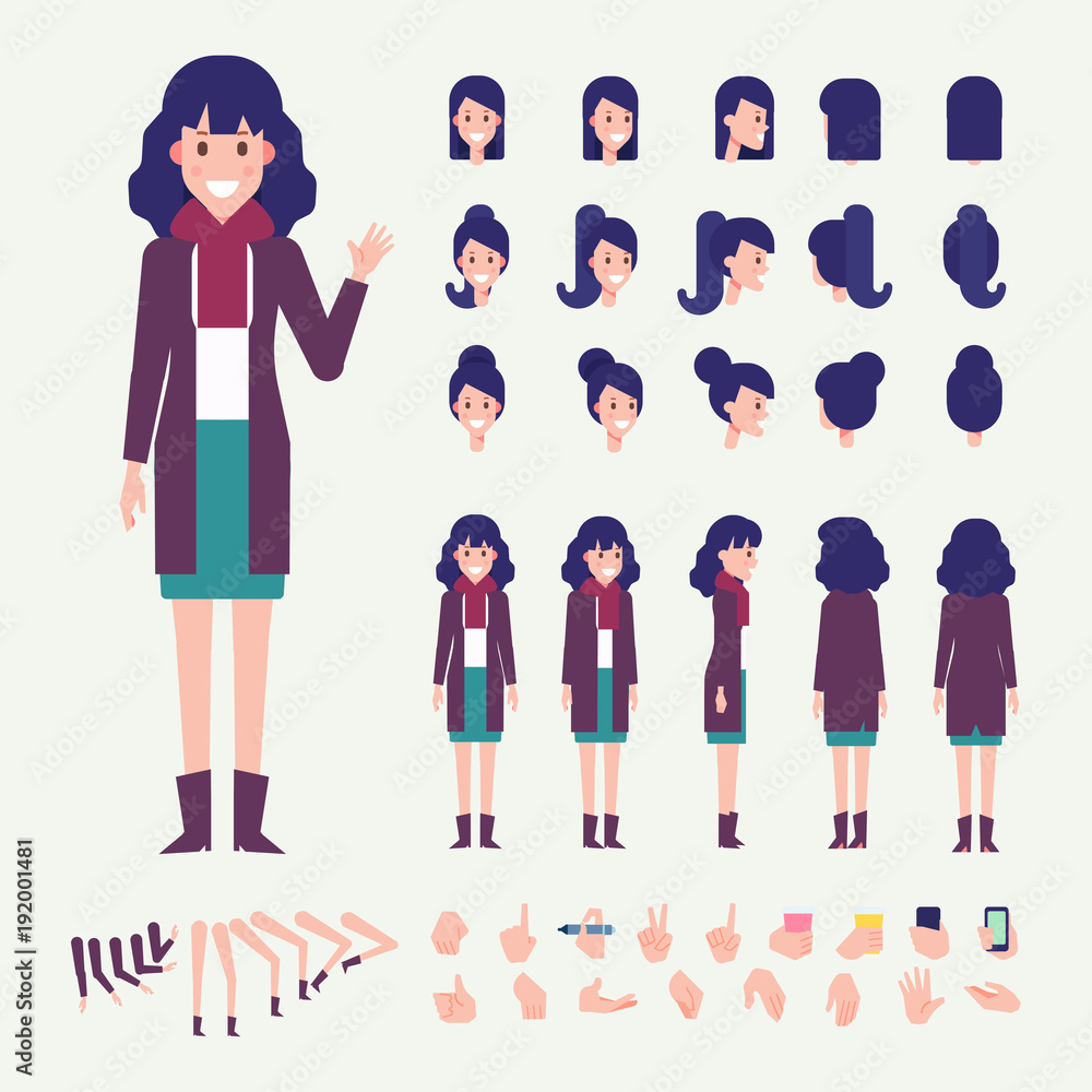 Flat Vector Young Woman character. Character creation set with various ... Flat Vector Young Woman character. Character creation set with various ...