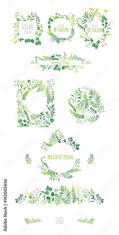 Big set of eco style round and square frames, decorations elements ...