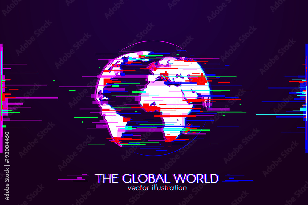 The Global World with Interference. Glitch logo of planet of Earth on ...