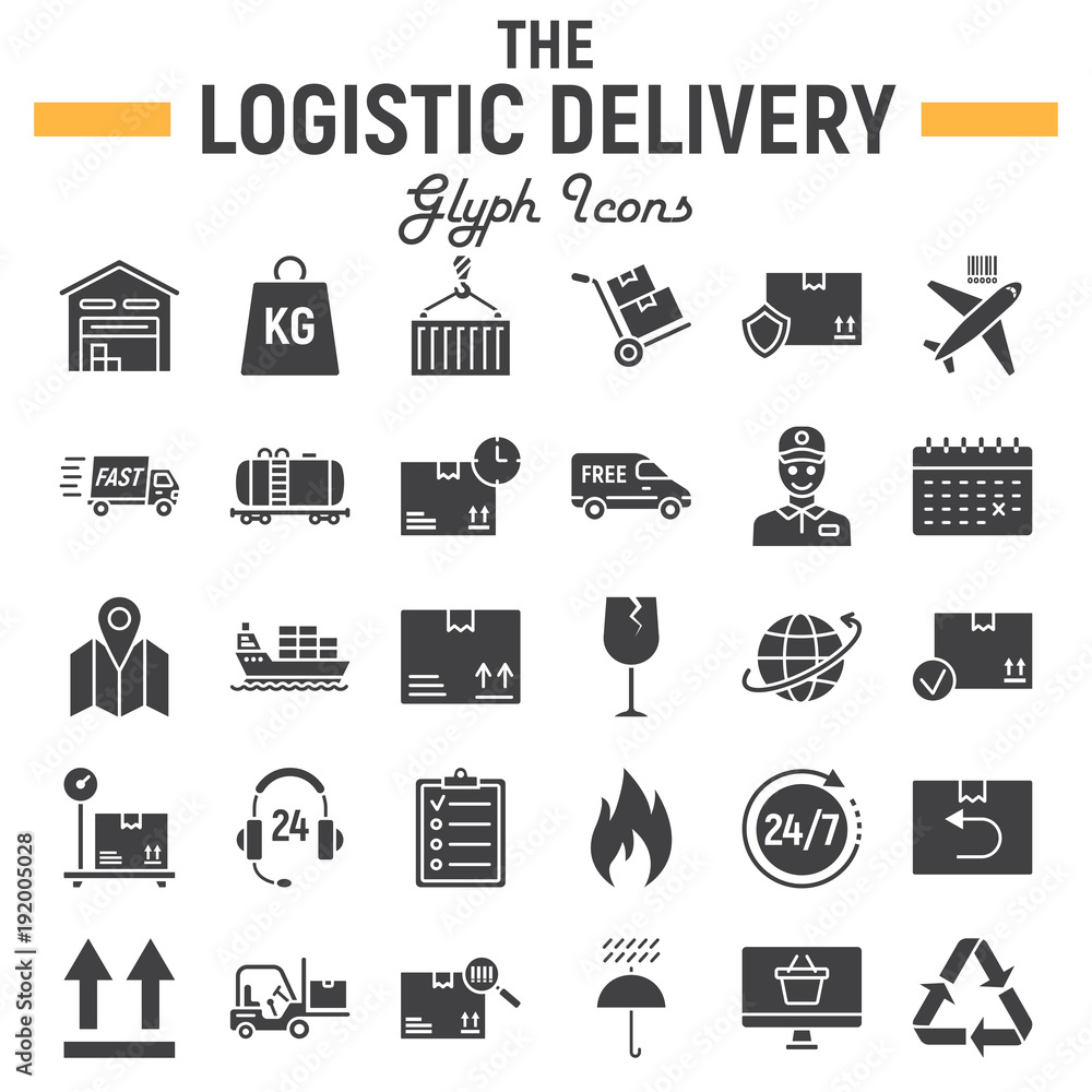 Logistic glyph icon set, Delivery symbols collection, vector sketches ...