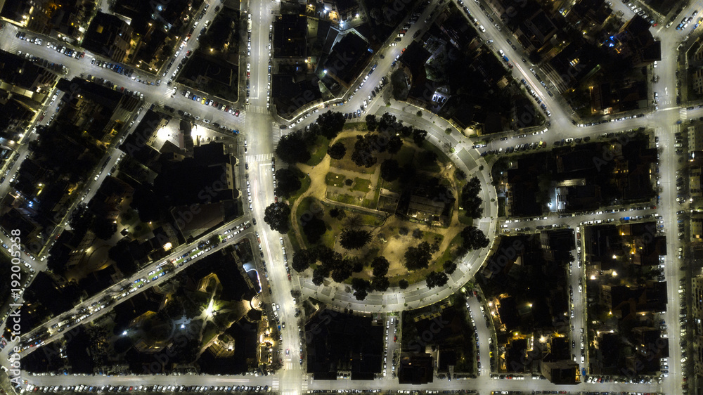 Perpendicular night view of Piazza di Villa Fiorelli in Rome, Italy ...