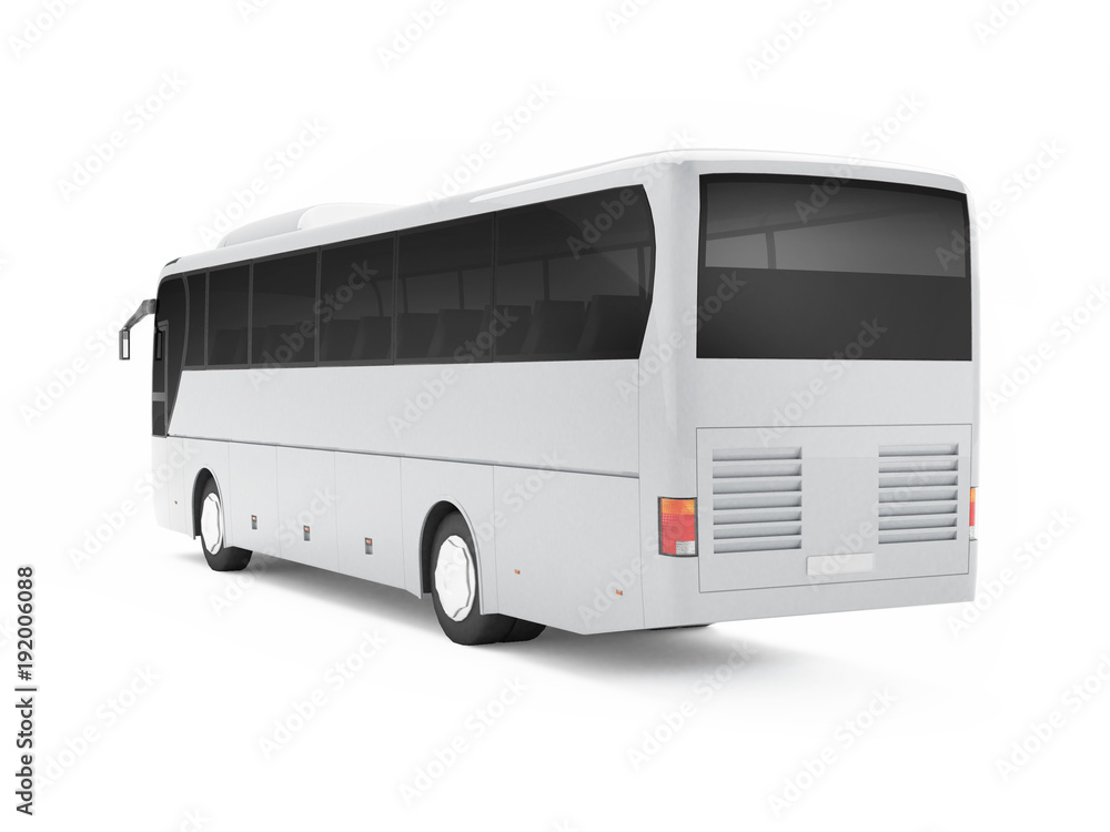 White big tour bus isolated on a white background. 3D rendering. Back ...