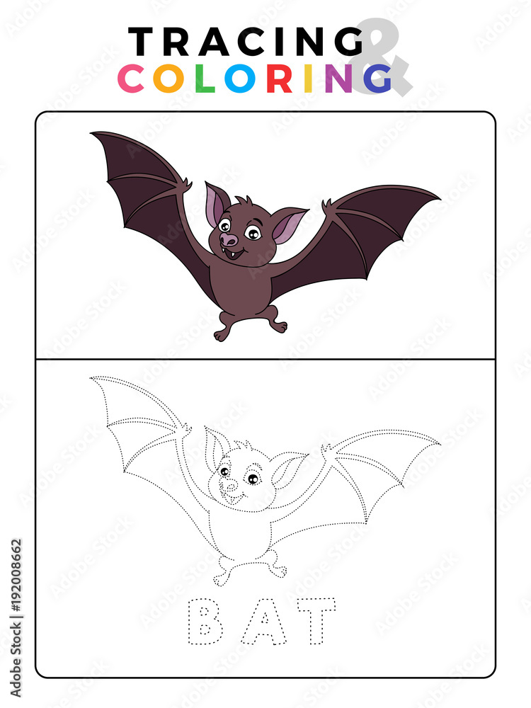 Funny Bat Tracing and Coloring Book with Example. Preschool worksheet ...