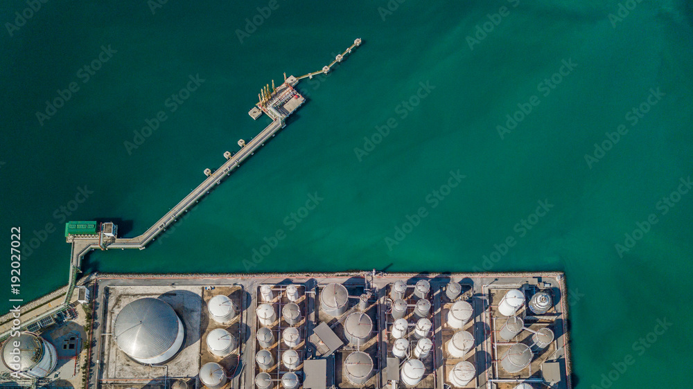 Aerial view of tank farm for bulk petroleum and gasoline storage, Crude ...