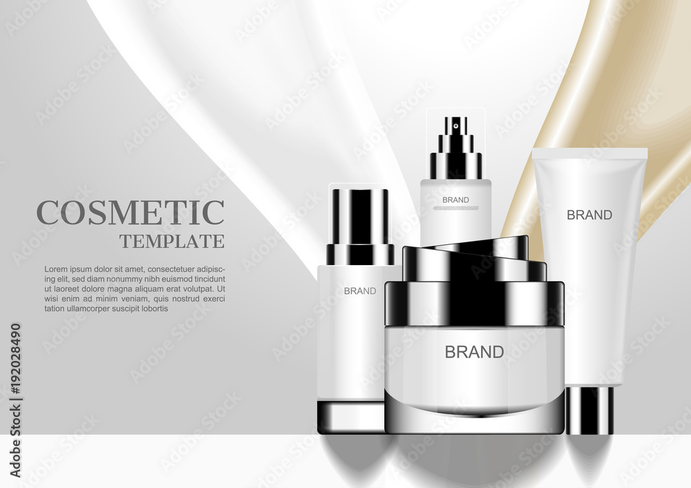 Cosmetic set with pouring milk and liquid gold background, vector ...