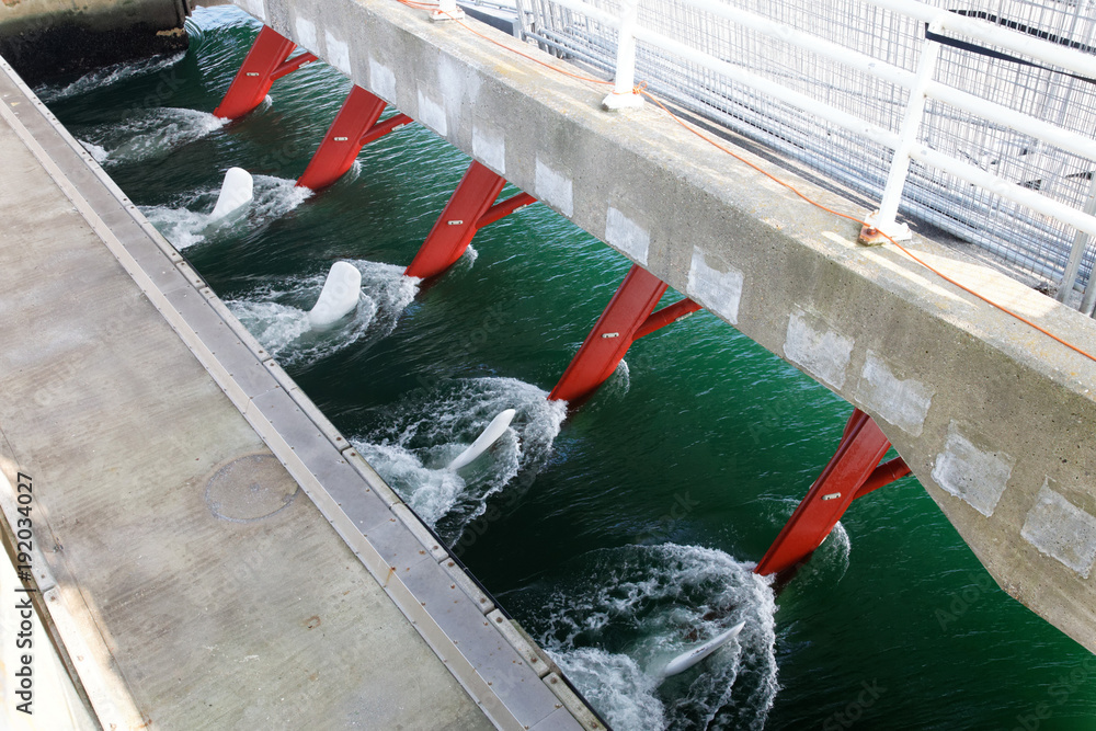 Hydro electric staion in a storm barrier in the Eastrn Scheldt ...