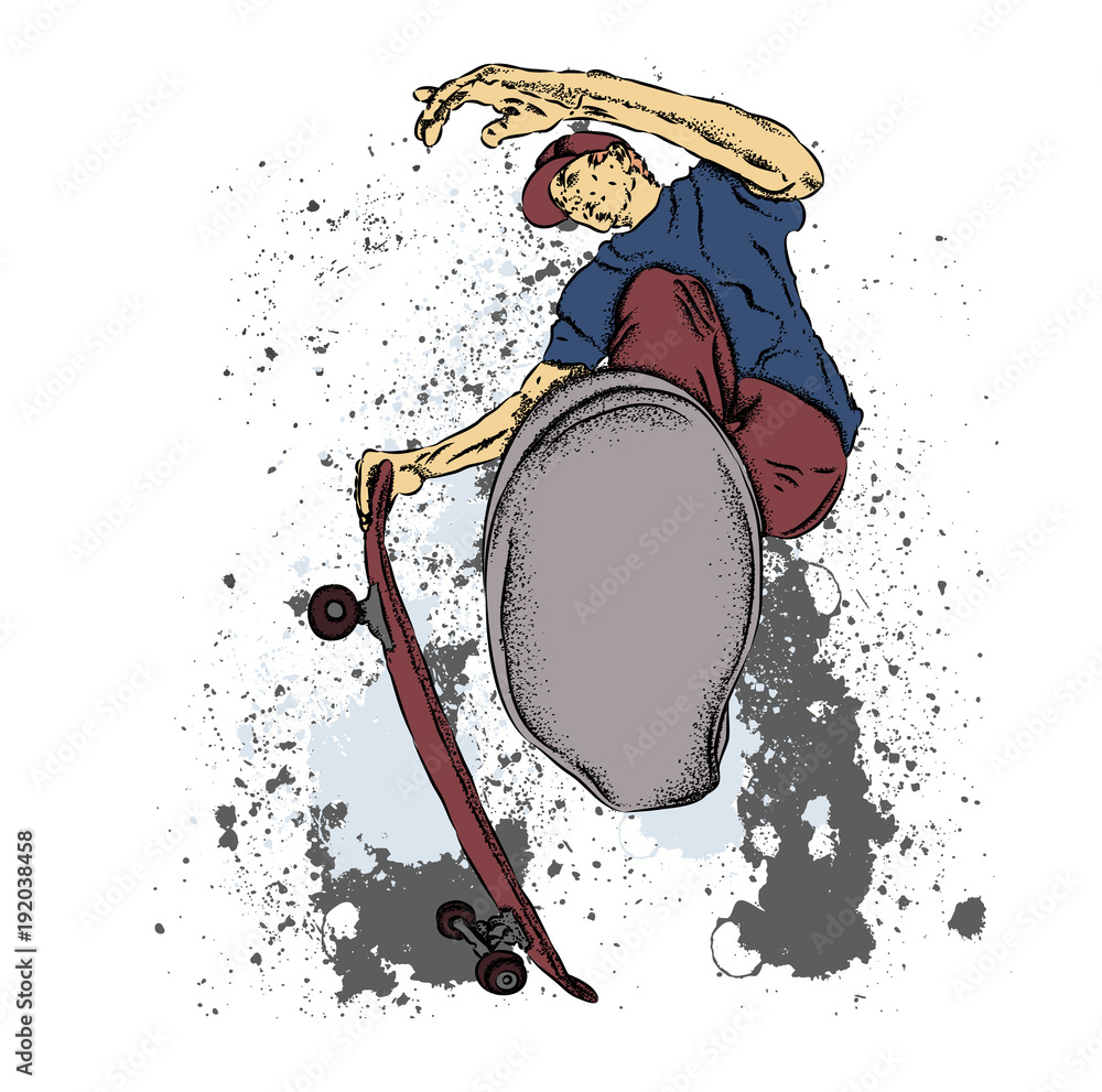 Skateboarder on a skateboard. Grunge background with blots. Vector ...