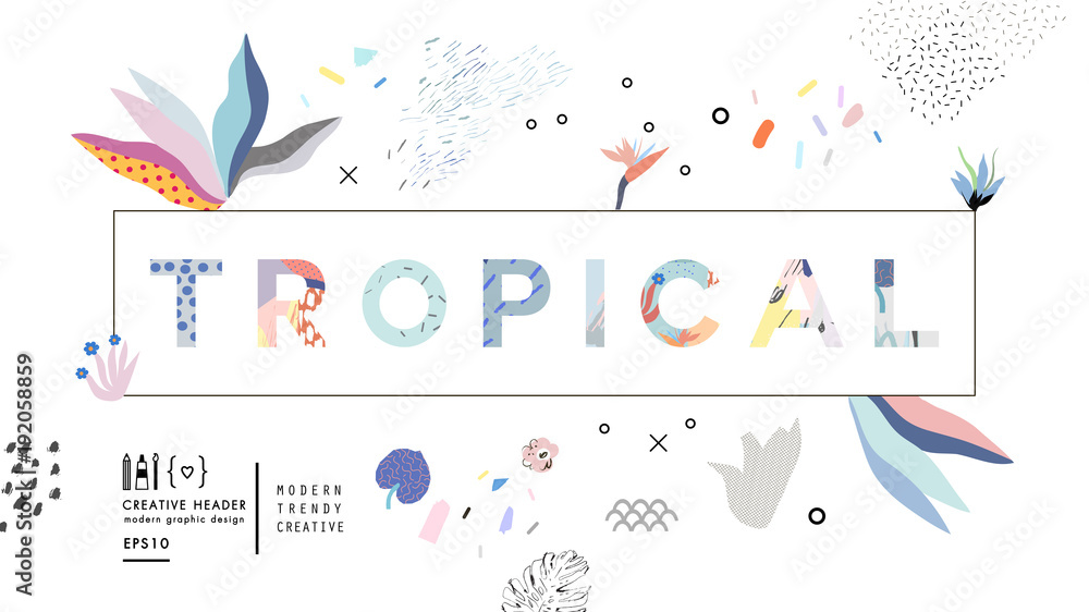 TROPICAL vector word. Floral header. Season creative art greeting ...