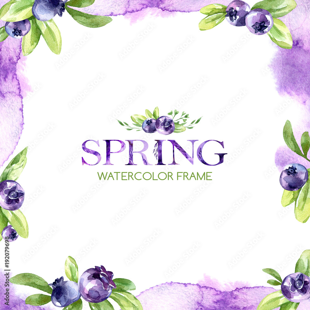 Hand painted square frame with watercolor berries and leaves. Original ...