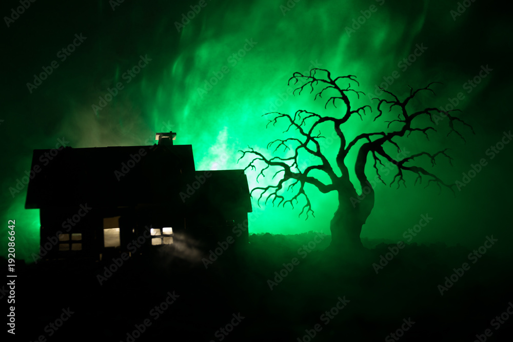 Old house with a Ghost at night with spooky tree or Abandoned Haunted ...