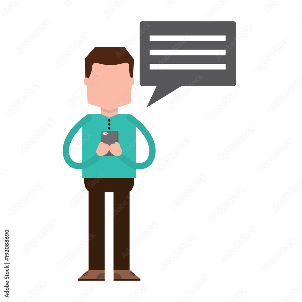 Cute young man holding smartphone, typing text and sending his message ...