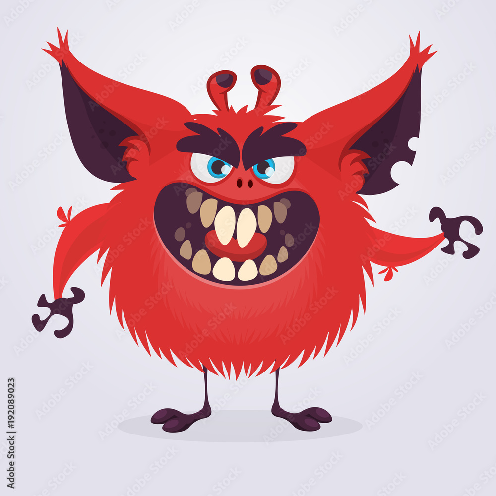 Scary red cartoon monster waving hands. Halloween vector illustration ...