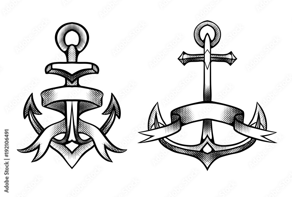 Vintage engraving anchors in black and white color with paper ribbon ...