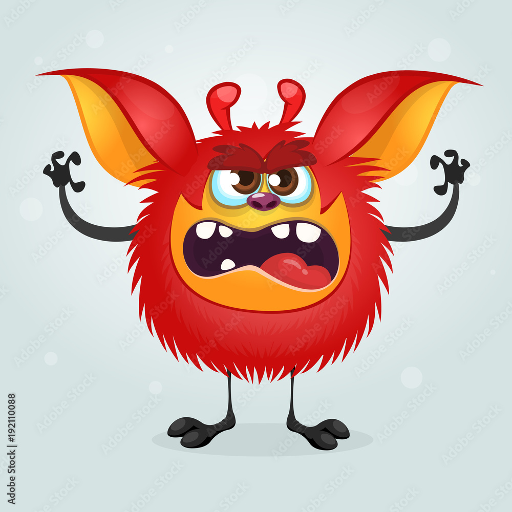 Angry red cartoon monster waving hands. Halloween vector illustration ...