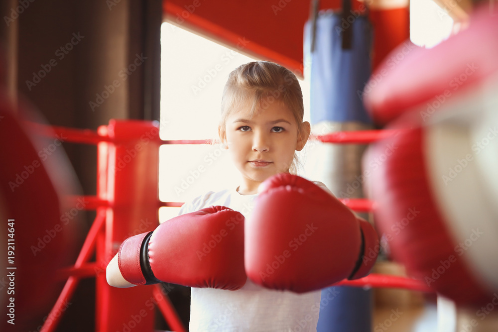 Little girl in boxing gloves on ring Stock Photo | Adobe Stock