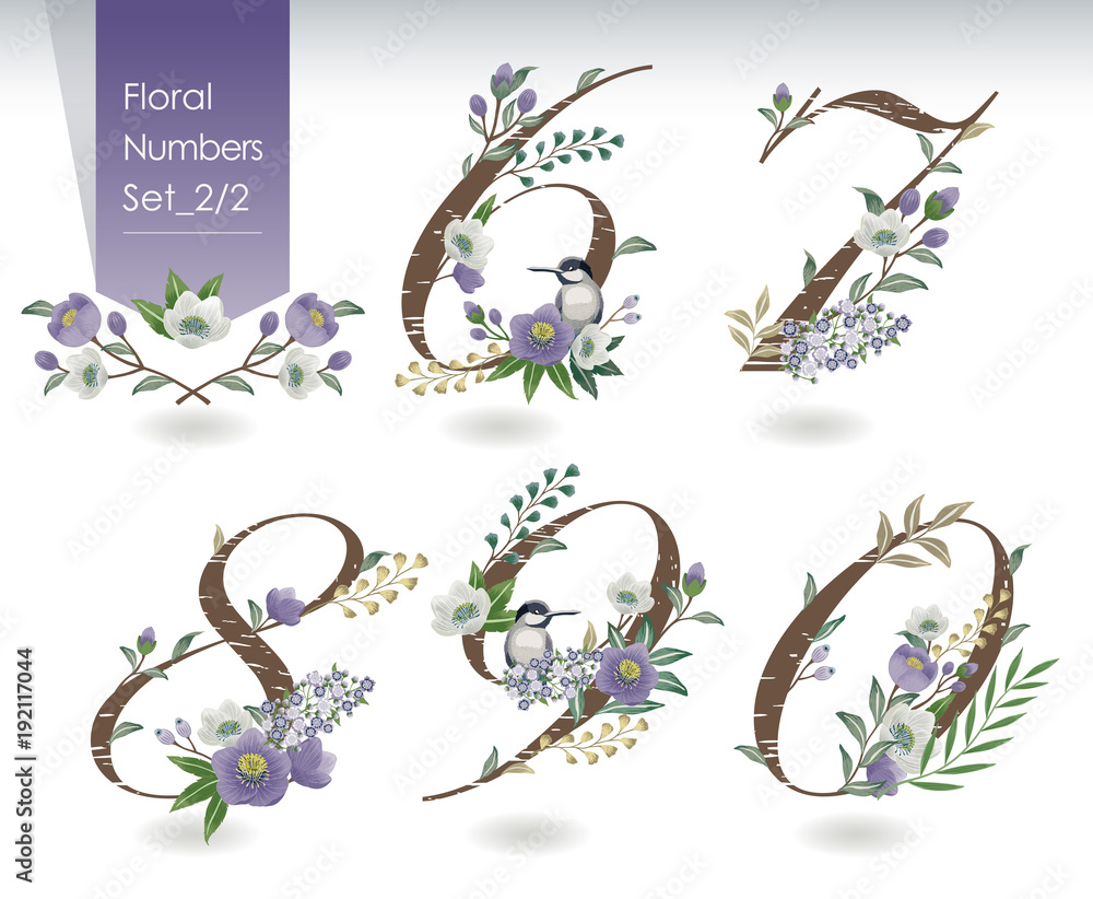 Vector illustration of floral numbers collection in spring. A set of ...