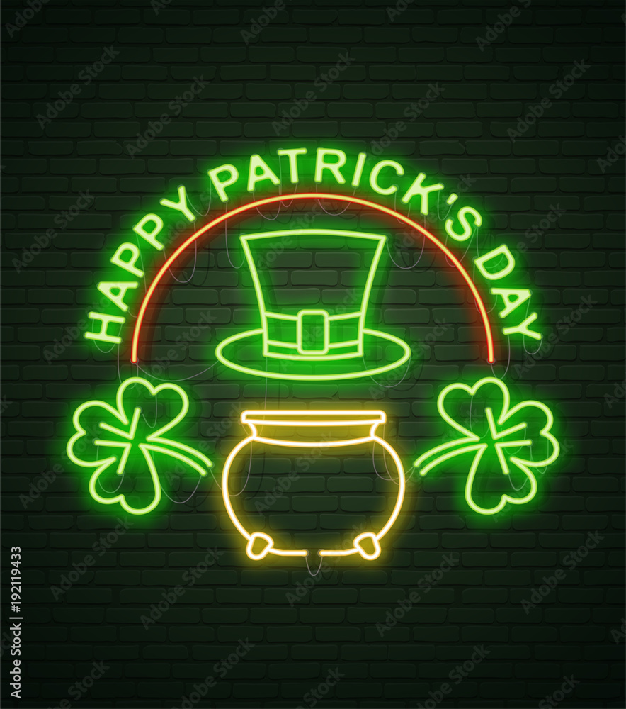 St Patricks Day Neon sign and green brick wall. Realistic sign ...