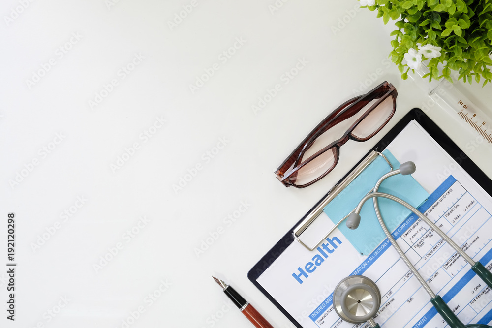 Medical equipment,White background with stethoscope, clipboard, pen ...