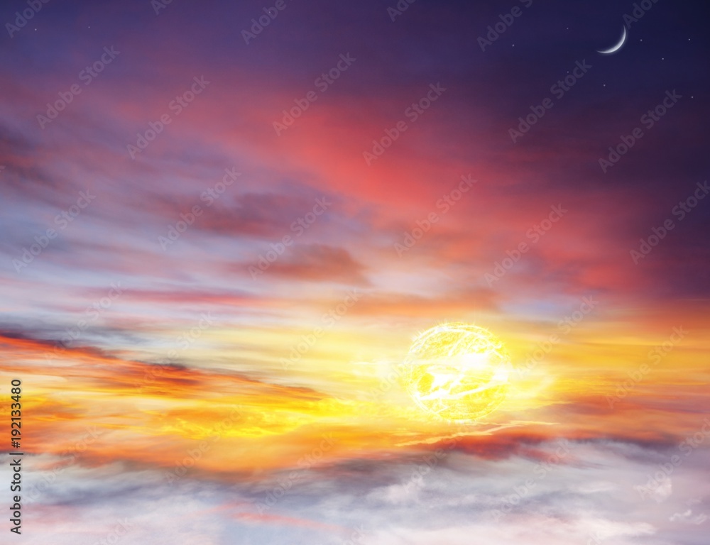Colorful sunset .Eye of god .Beautiful bright sunset. Heavenly ...