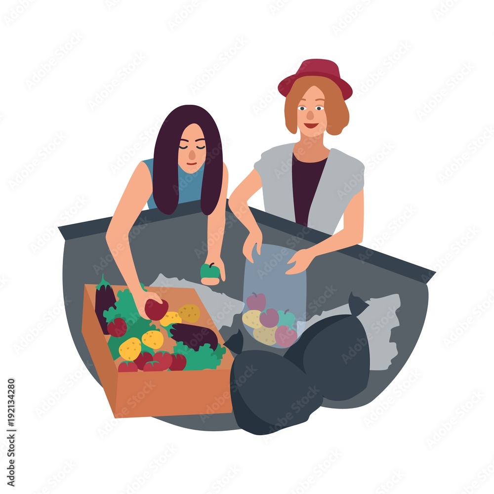 Young man and woman delving in waste container and picking fruits. Pair ...
