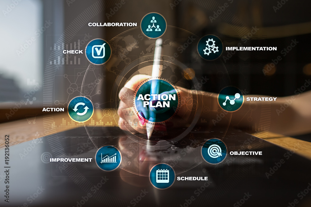 Action plan on the virtual screen. Planning concept. Business strategy ...