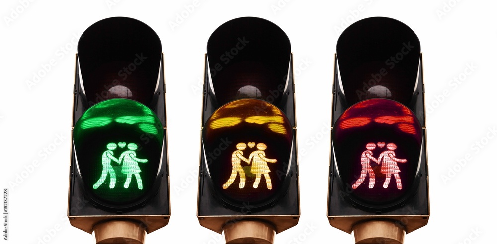 Lovely pedestrian traffic lights. Couple holding hands, traditional ...
