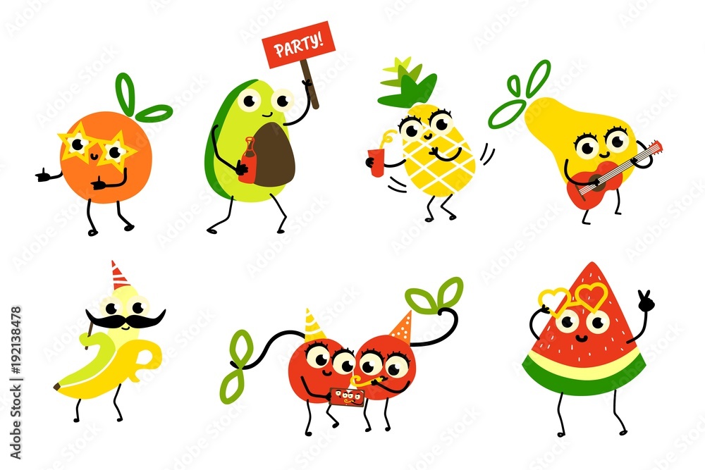 Set of fruit characters having fun at birthday party, dancing, singing ...