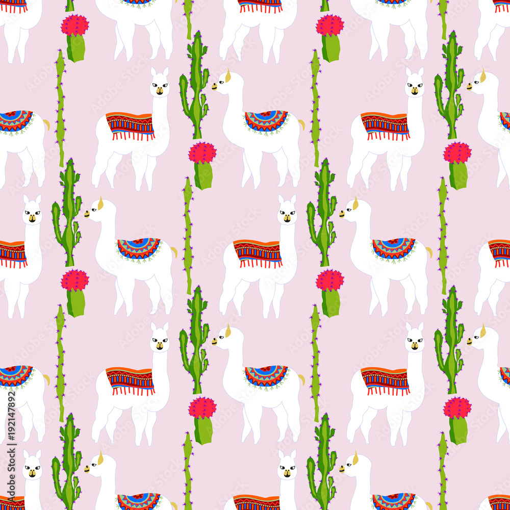 Seamless pattern with cute llama, castus and flower. Vector abstract ...