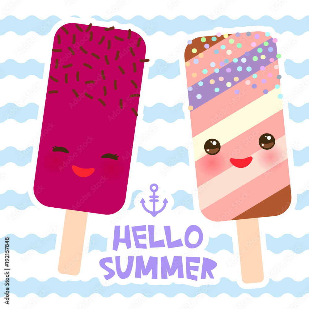 Hello Summer ice cream, ice lolly, Kawaii with pink cheeks and winking ...