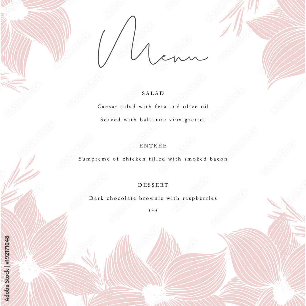 Invitation menu template with hand drawn flowers, illustration, wedding ...