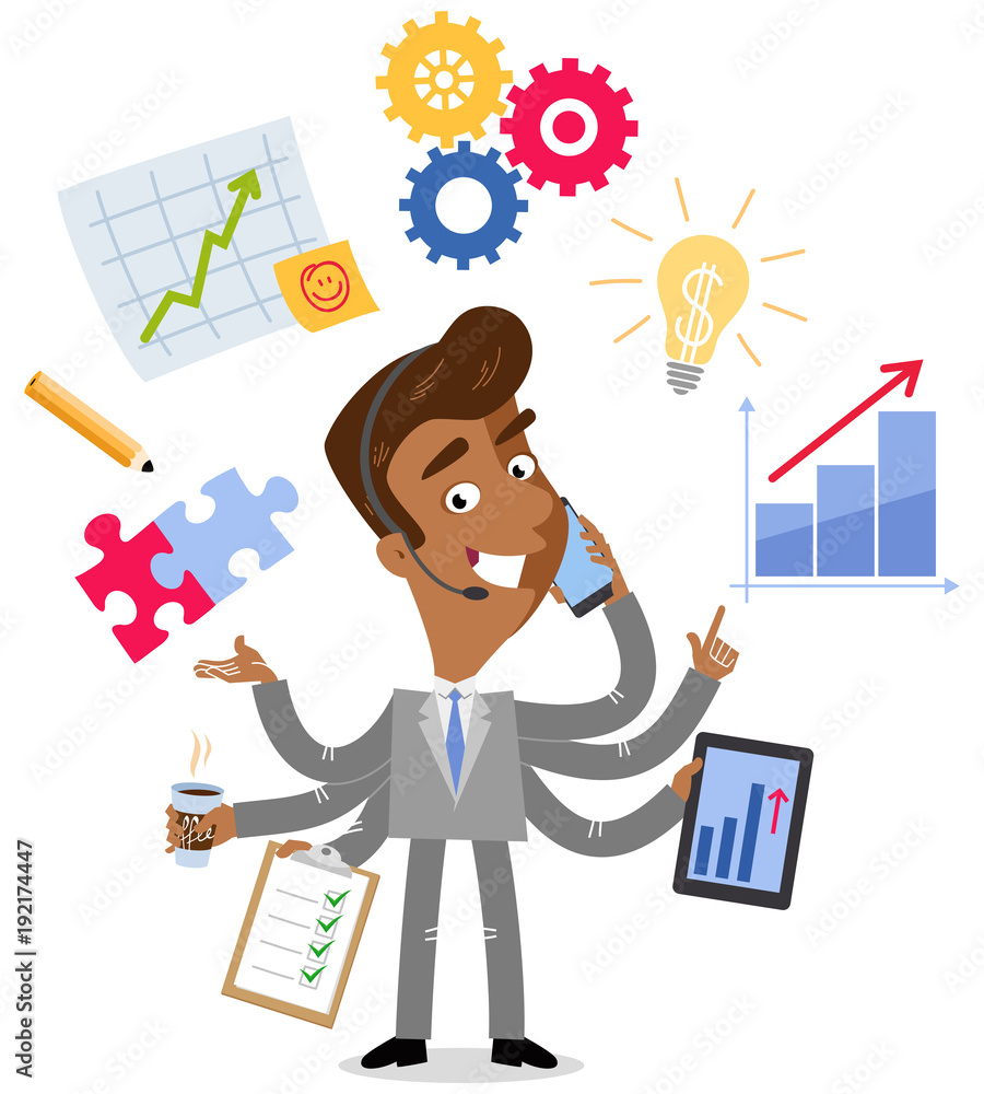 Vector illustration of a competent asian cartoon businessman with six ...
