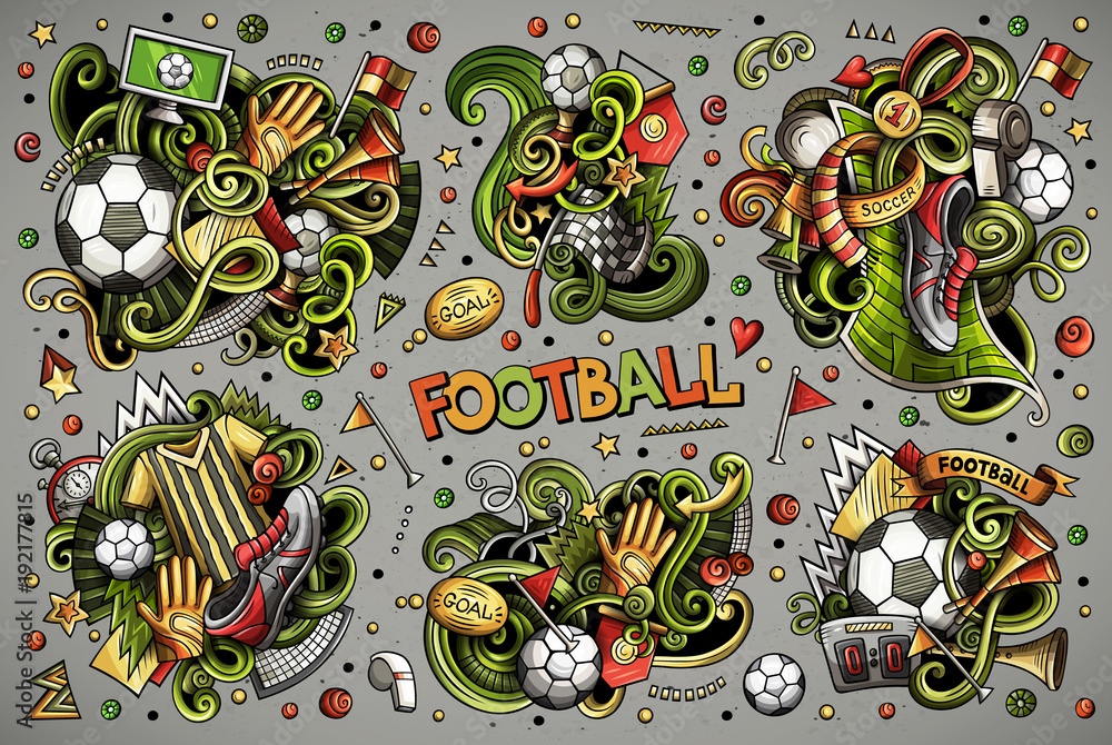 Vector doodles cartoon set of football combinations of objects Stock ...
