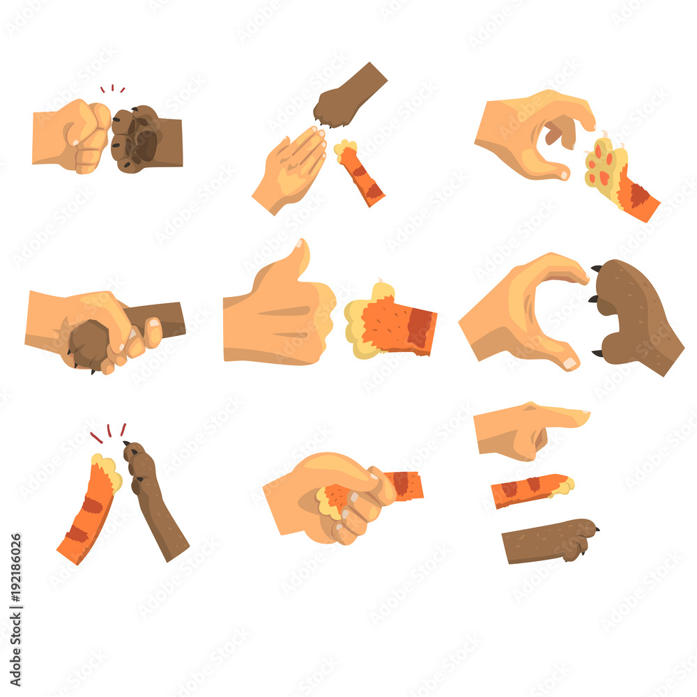 Hand of a man holding animals paw set, animal and human handshake ...
