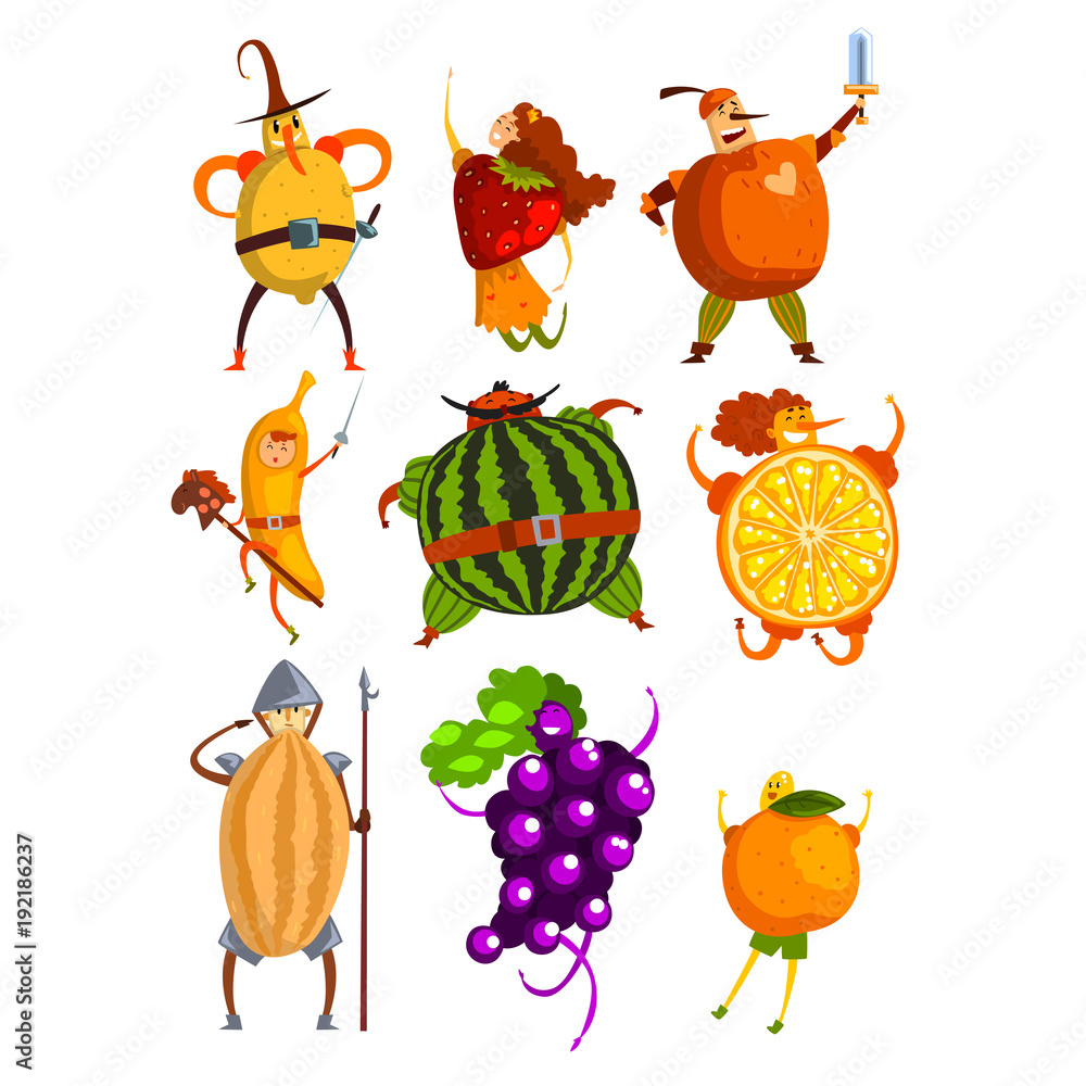 Funny fruits cartoon characters set, people in fruit costumes comic ...