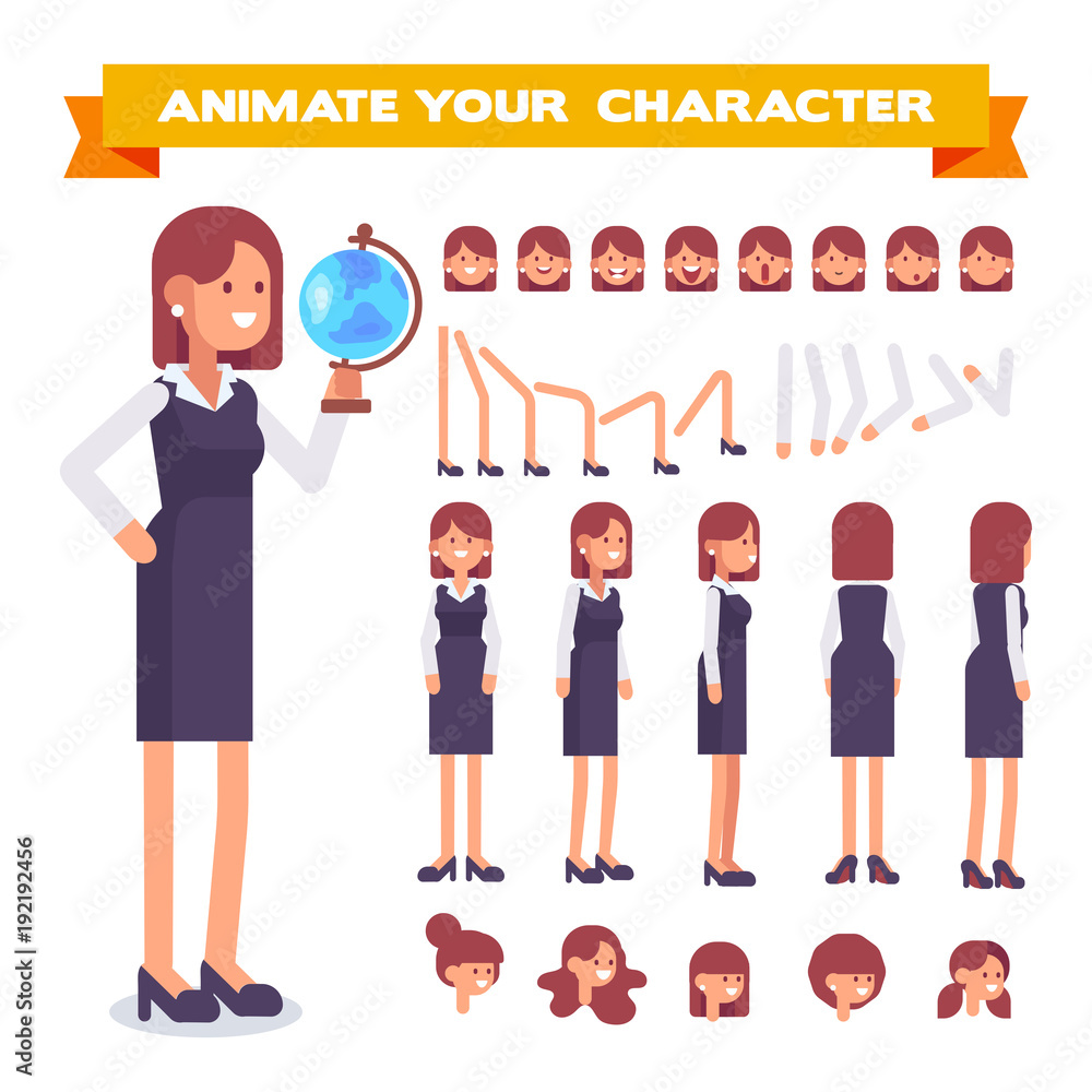 Front, side, back, 3/4 view animated character. Female teacher ...