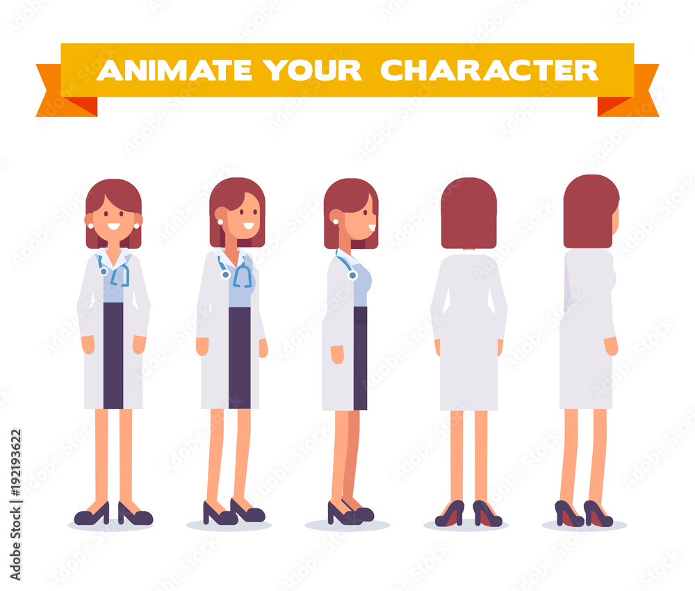 Woman doctor for animation. Front, side, back, 3/4 view. Separate parts ...