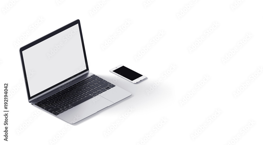 Perspective view of laptop with office tools. Workspace mock up ...