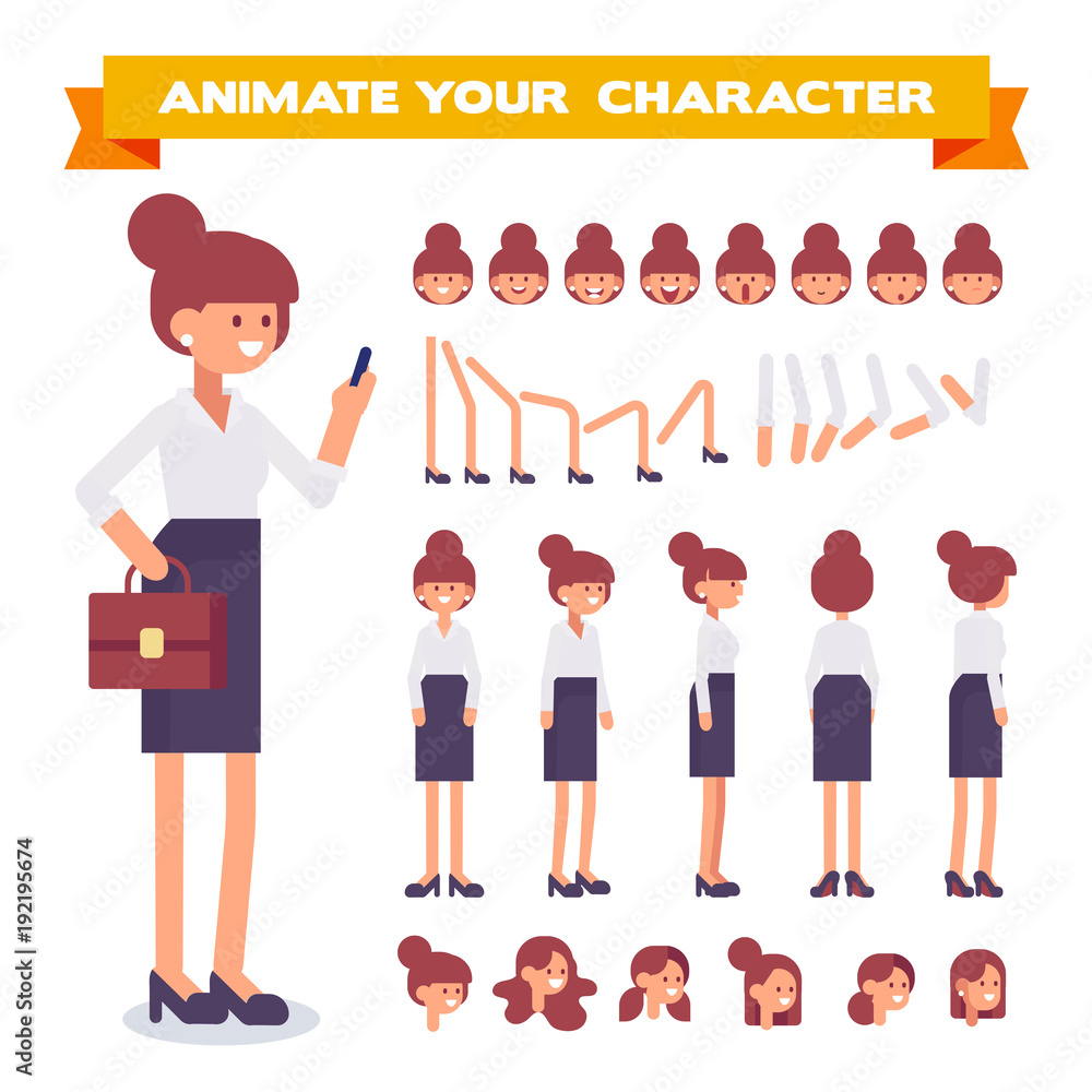 Front, side, back view animated character. Business woman character ...