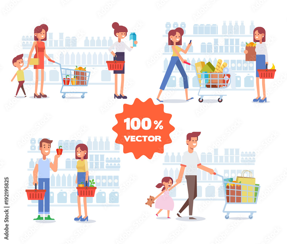 People shopping in supermarket. Big vector set. Cartoon style, flat ...