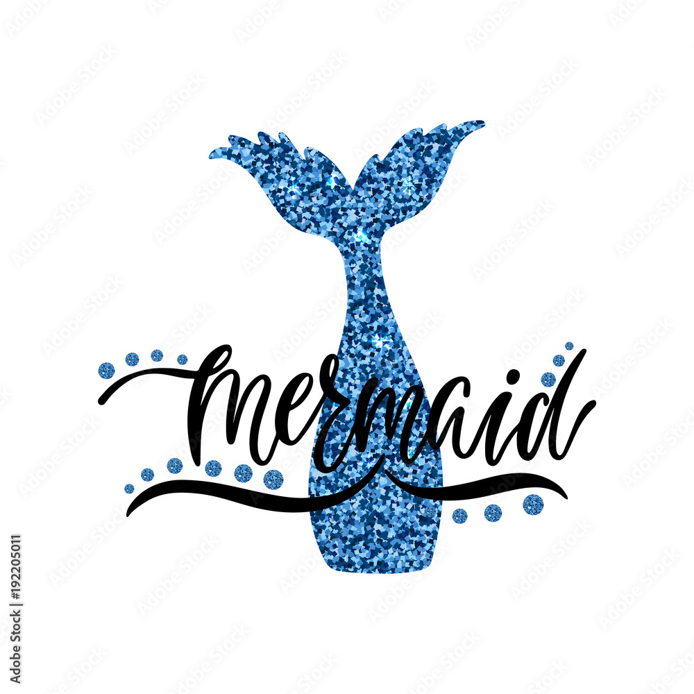 Mermaid. Hand drawn calligraphy text on shining silhouette of mermaid's ...