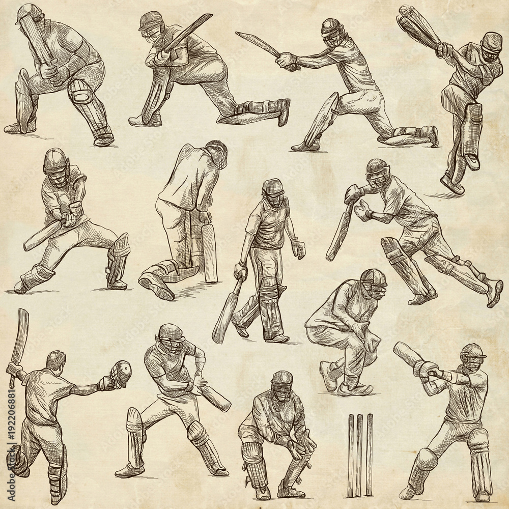 Cricket sport collection. Cricketers. Full sized hand drawings on old ...