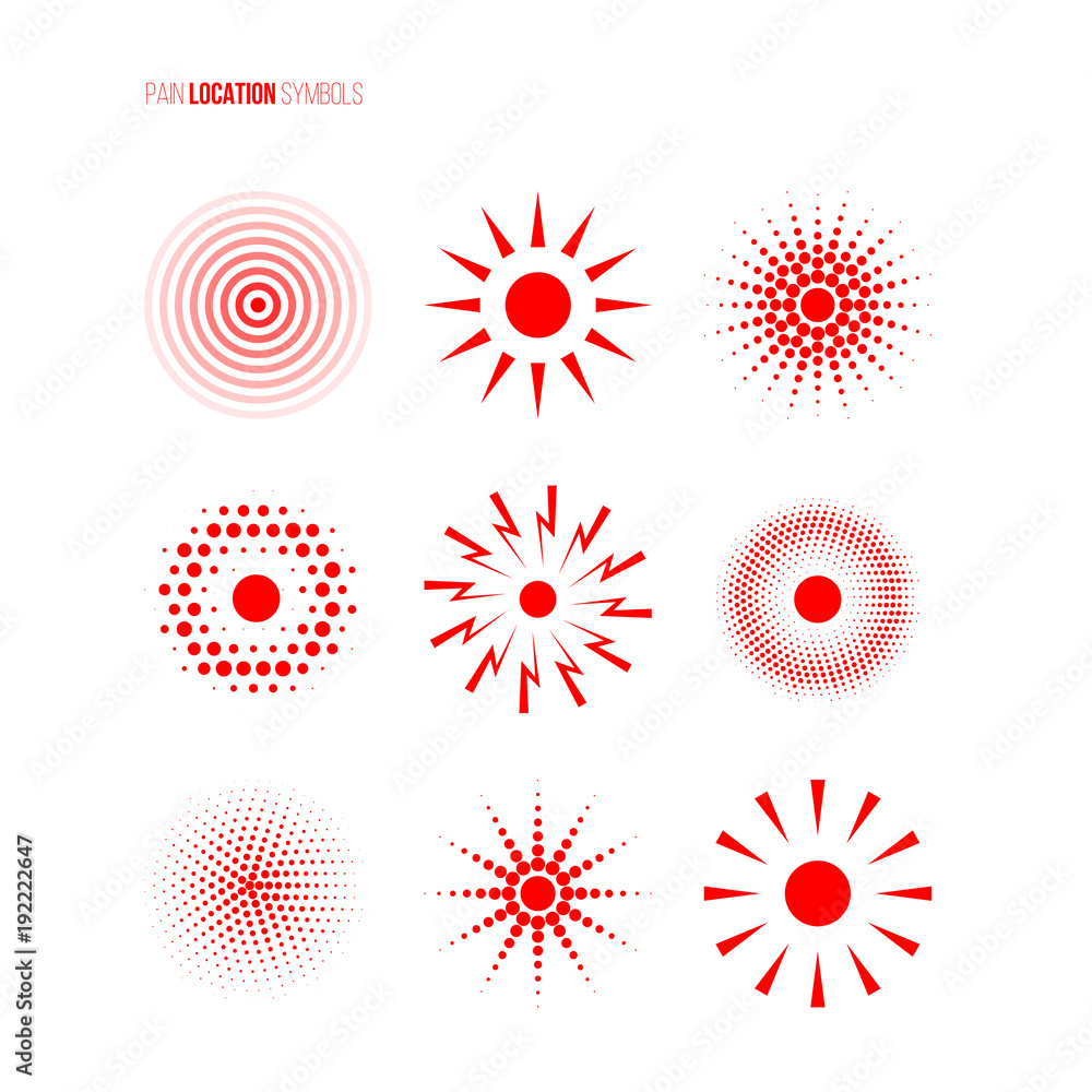 Pain location symbol set. Red vector pain location signs isolated on ...