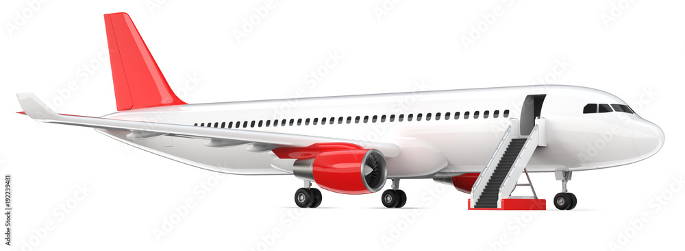 High detailed white airliner with a red tail wing, 3d render on a white ...