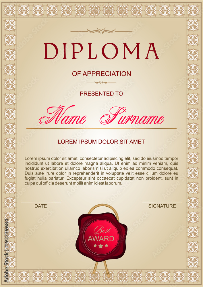 diploma of vertical format in Golden-beige shades, classic elegant ...