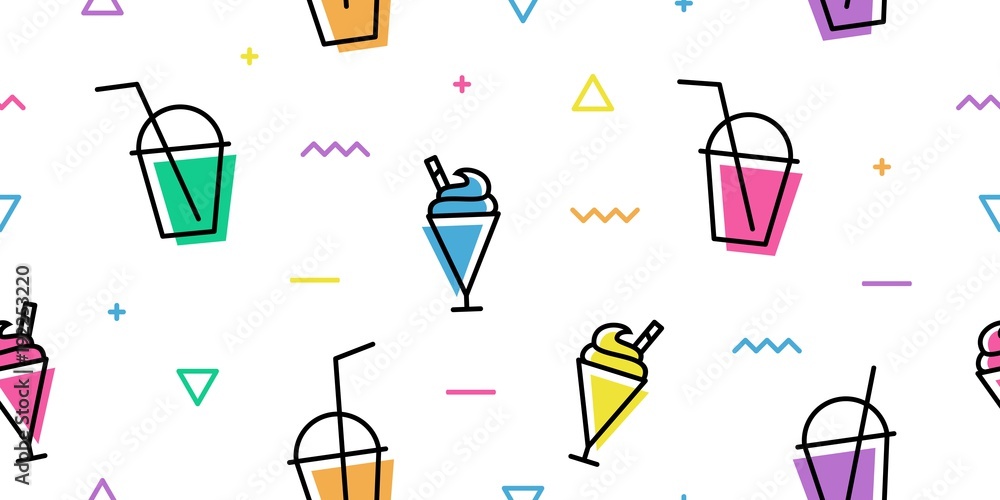 milkshake cup memphis colorful outline line art seamless pattern white ...