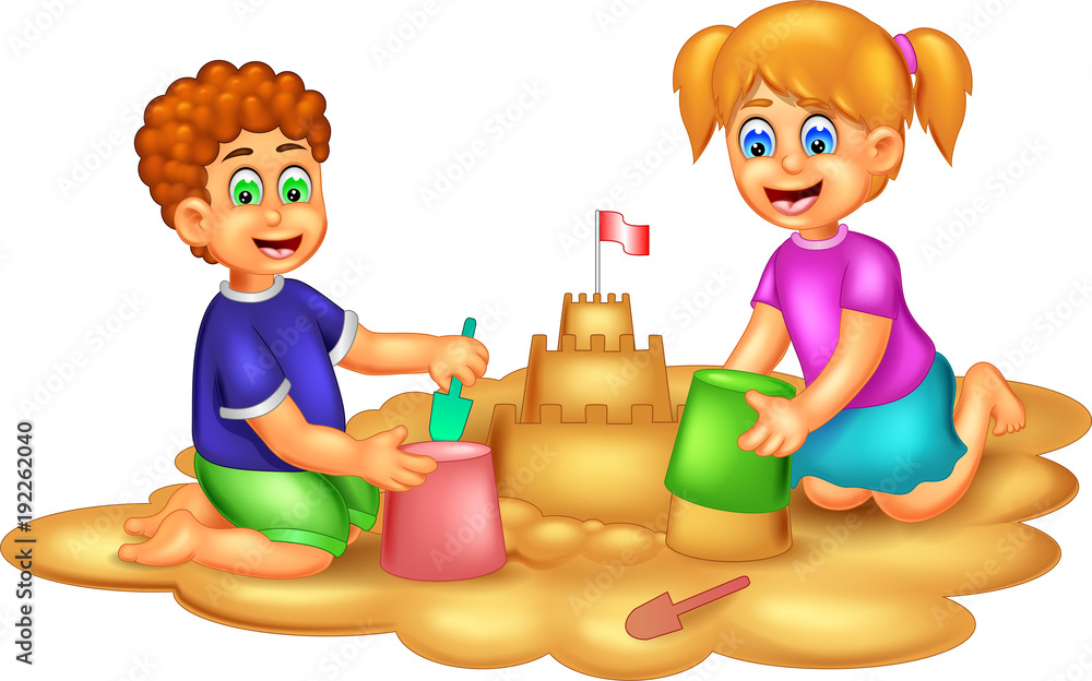 funny children cartoon playing sand with smile Stock Vector | Adobe Stock