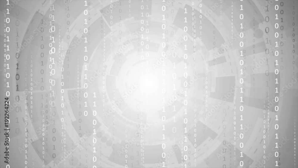Grey technology abstract motion graphic design with binary code and gear shape. Seamless looping ...