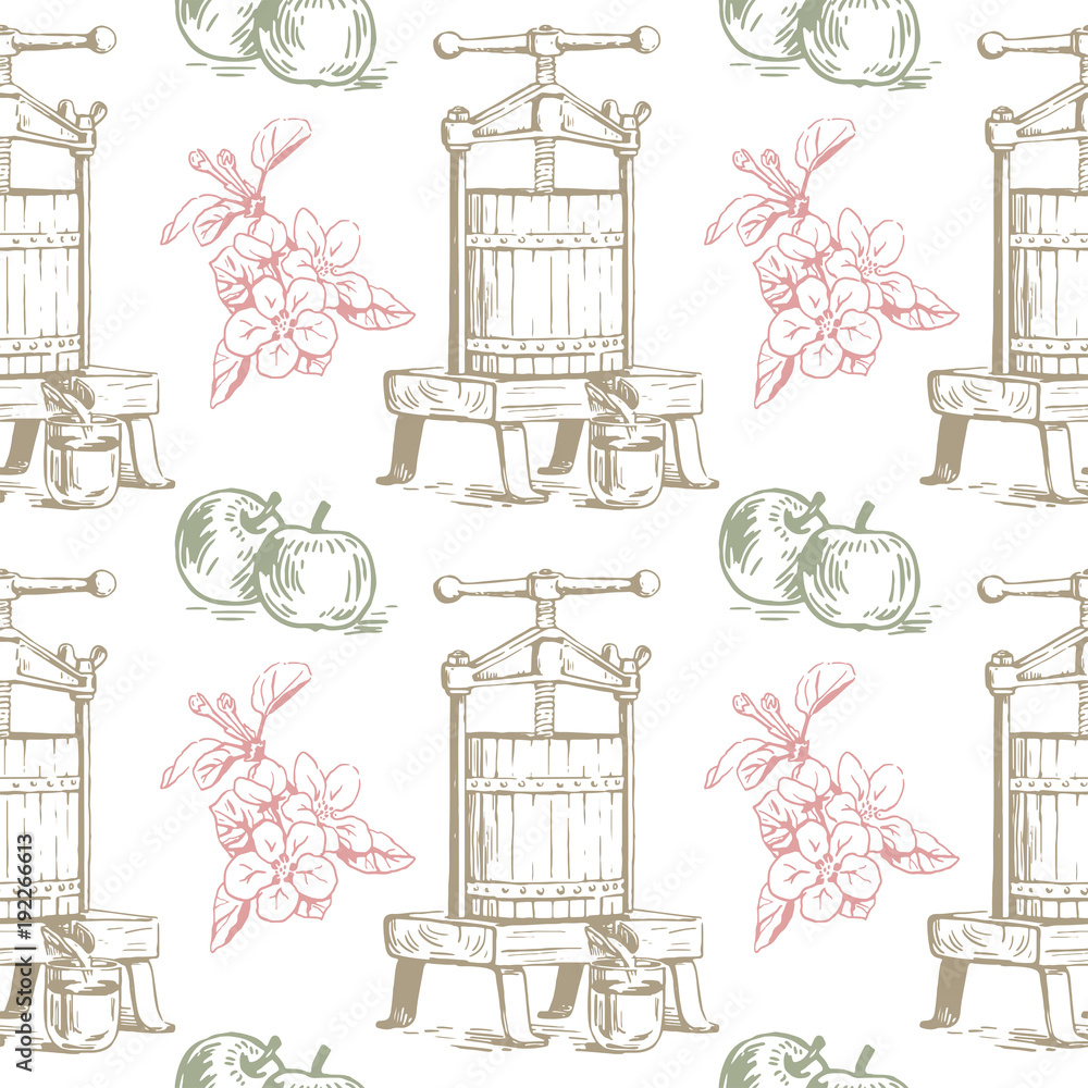 Vector colorful seamless pattern with presses for squeezing, apples and ...