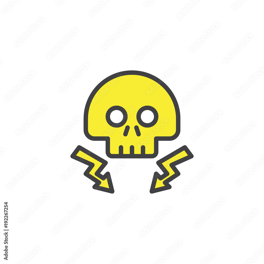 High voltage death skull with lightning beam filled outline icon, line ...
